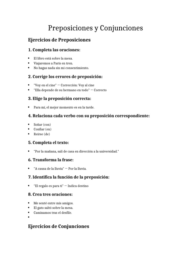 Ejercicios de Preposiciones y Conjunciones | PDF