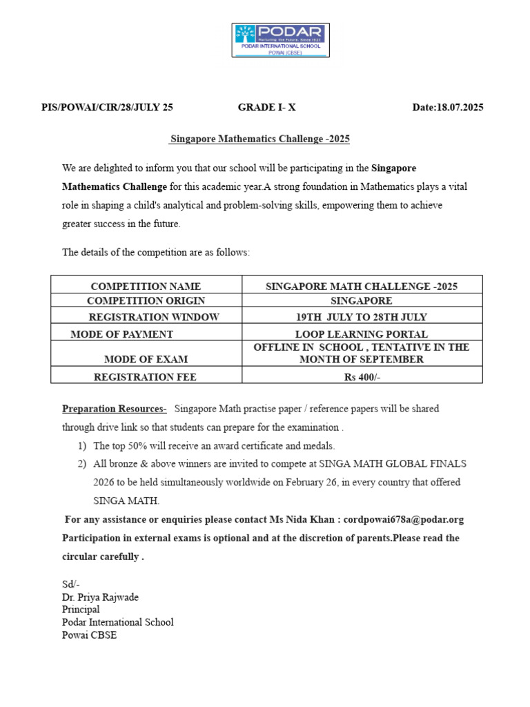 Singapore Math Challenge 2025 Details | PDF