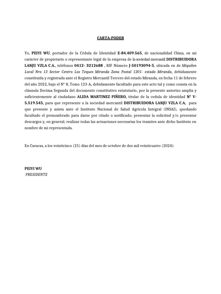 Carta Poder para Representación Legal | PDF