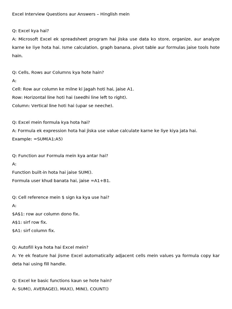 Excel Interview Questions in Hinglish | PDF | Microsoft Excel | Office ...