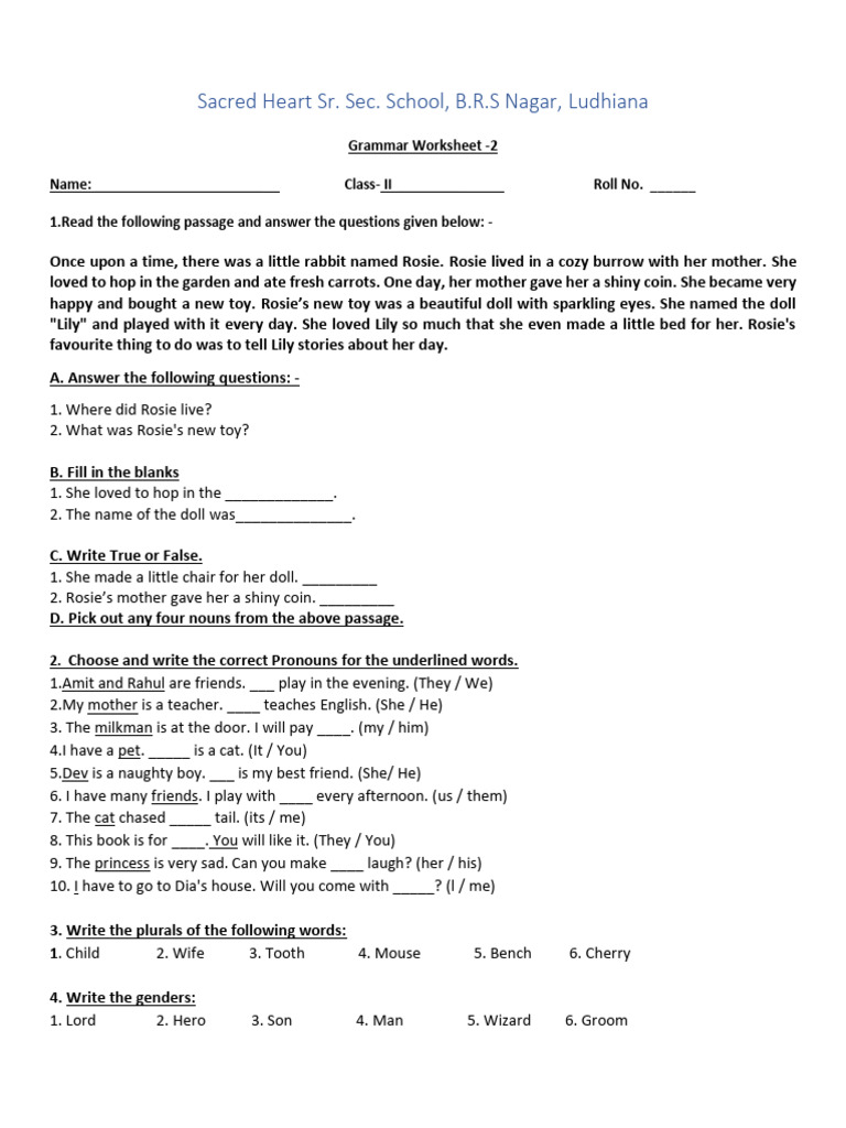 Class - 2 (Grammar Worksheet 2) | PDF