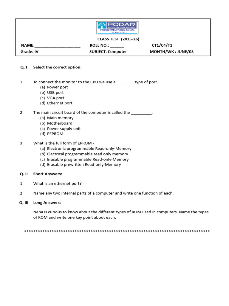 Grade IV Computer Class Test 2025-26 | PDF