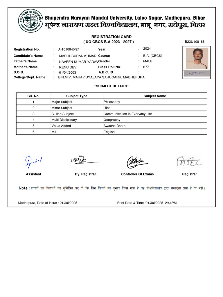 Student Enrolment Card | PDF