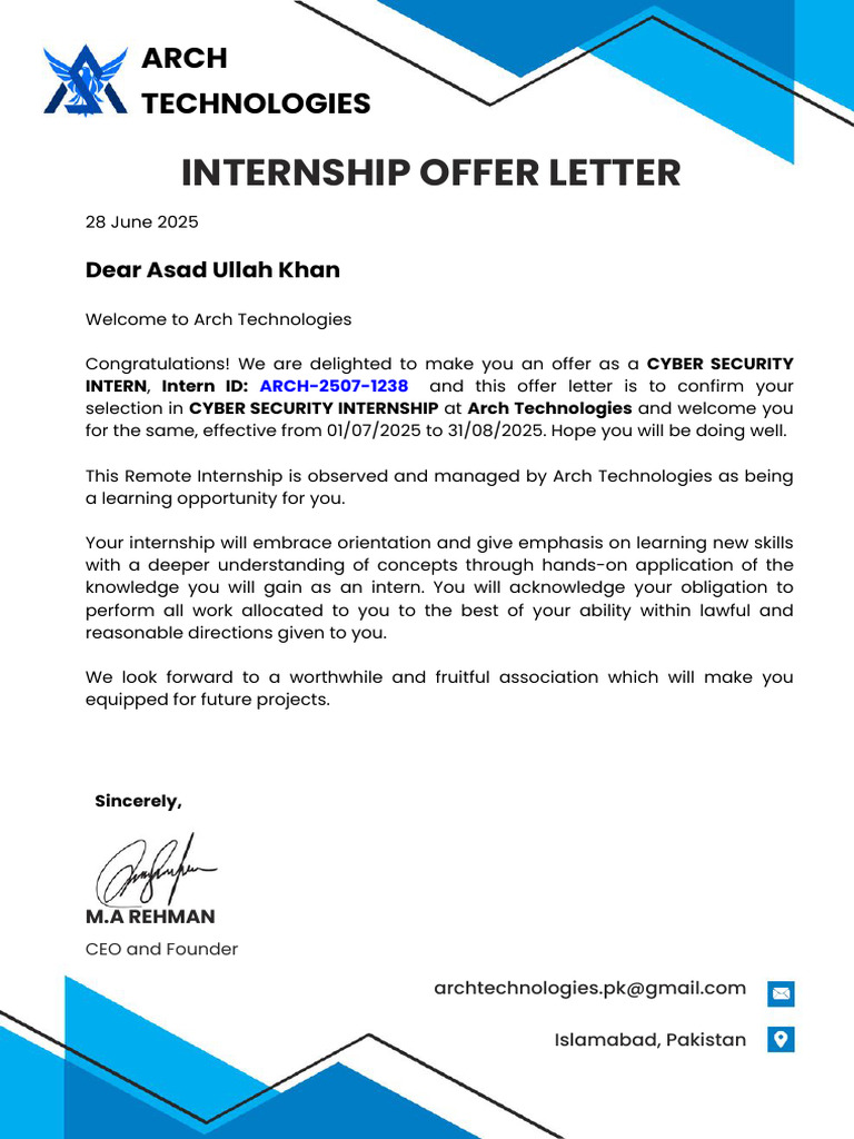Asad Ullah Khan Cyber Security Internship Offer Letter | PDF