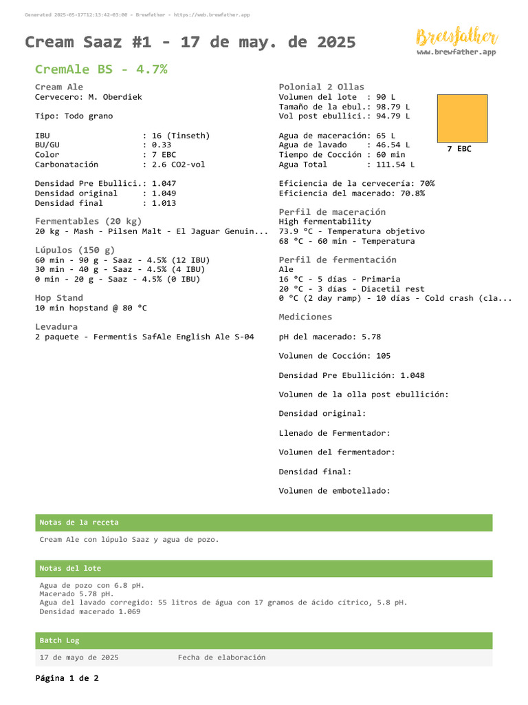 Brewfather CreamSaaz1 20250517 | PDF | Cerveza inglesa | Preparación de ...