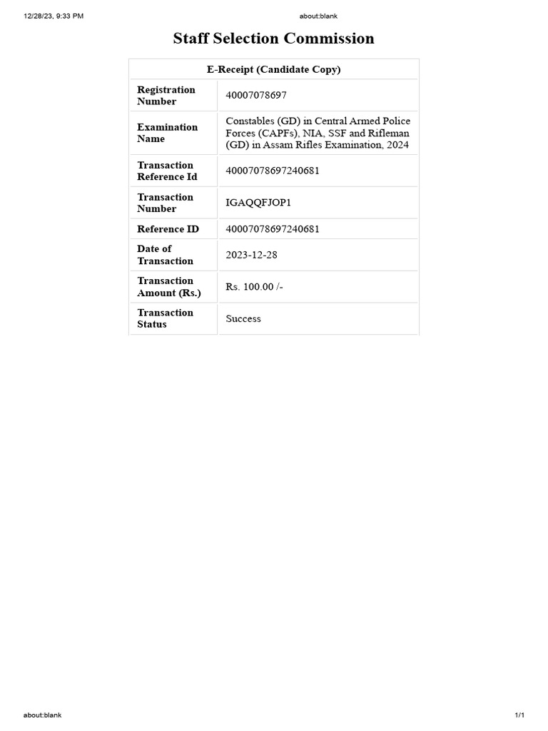 SSC GD 2024 Payment Reciept | PDF