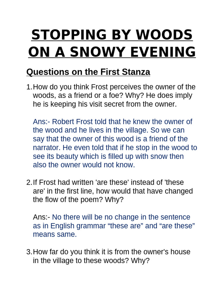 Stopping by Woods On A Snowy Evening Questions and Answrs | PDF