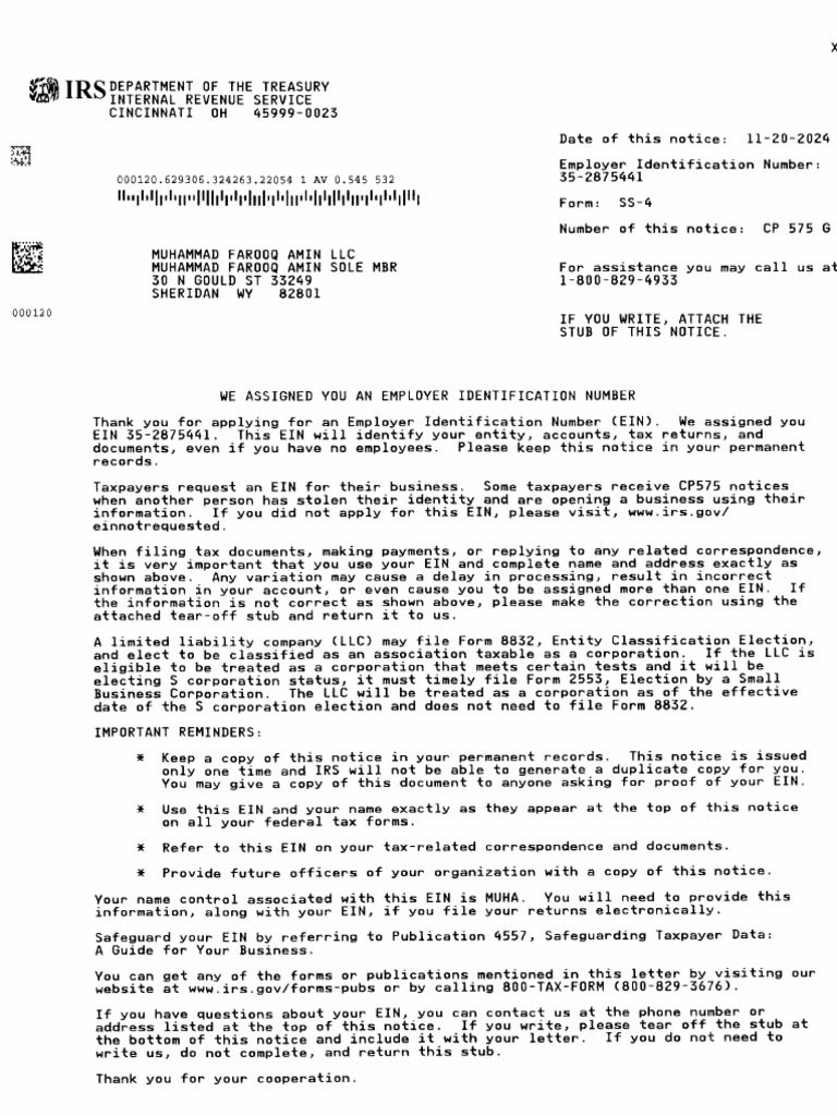 11-26-24 - EIN Letter - Muhammad Farooq Amin LLC (1) - Removed | PDF
