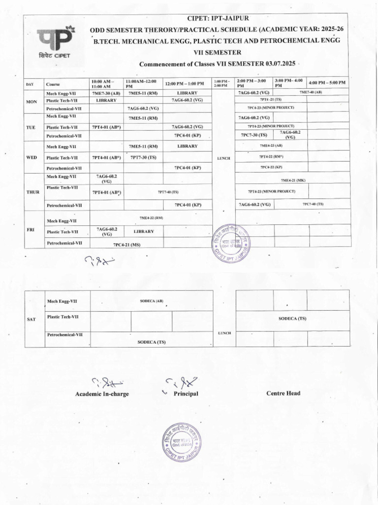 Time Table Schedule (ODD Semester VIIth) | PDF