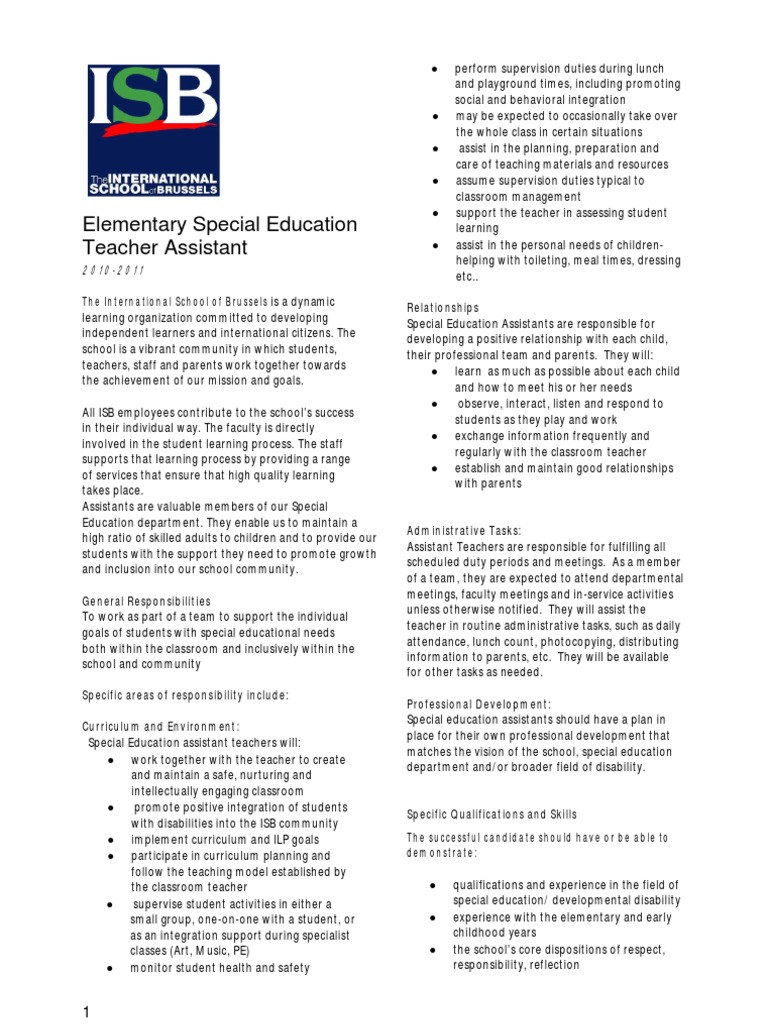 ES SPED Teacher Assistant | PDF | Special Education | Quality Of Life
