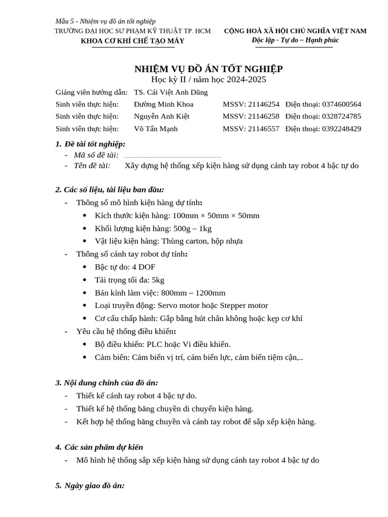 BM 5 - Nhiem Vu Datn - Khoa CKM - 2023 | PDF