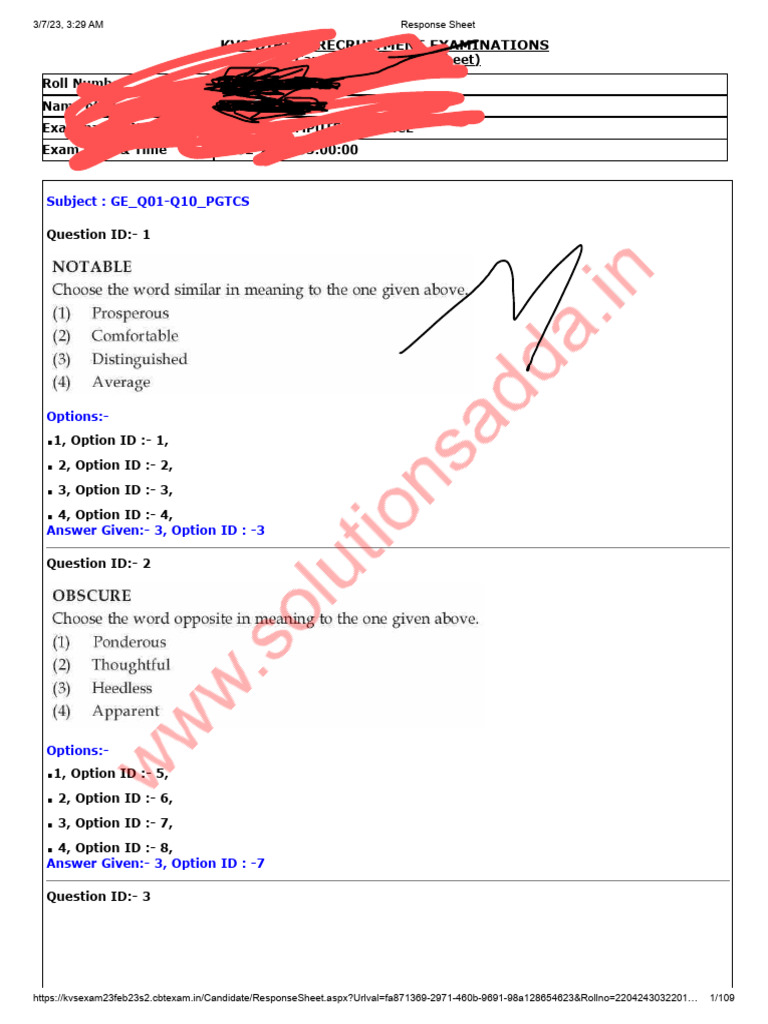 KVS PGT Computer Science Response Sheet | PDF