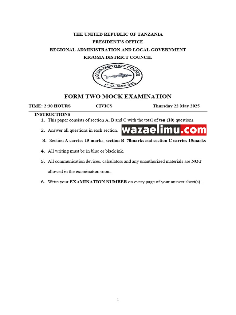 Form Two Civics Mock Exam 2025 | PDF | Marriage | Polygamy