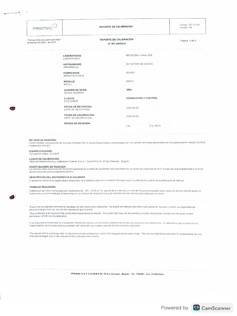 Calibración Detector SENSIT | PDF