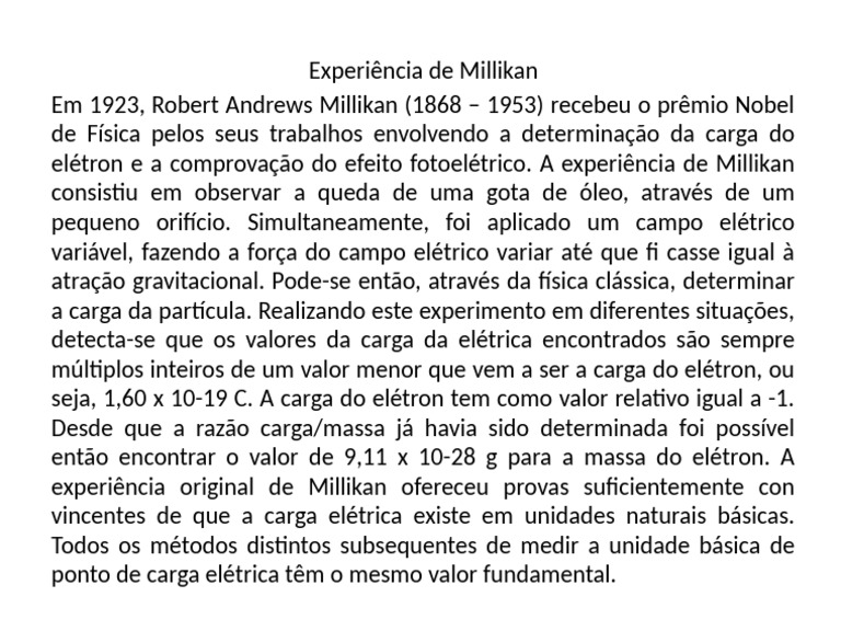 Experiência de Millikan e Carga do Elétron | PDF