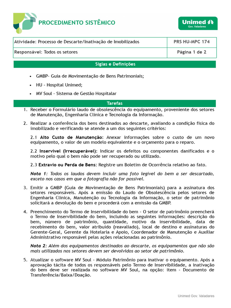 Prs Hu MPC 006 Processo de Descarte e Inativacao de Imobilizados#1 | PDF | Informática