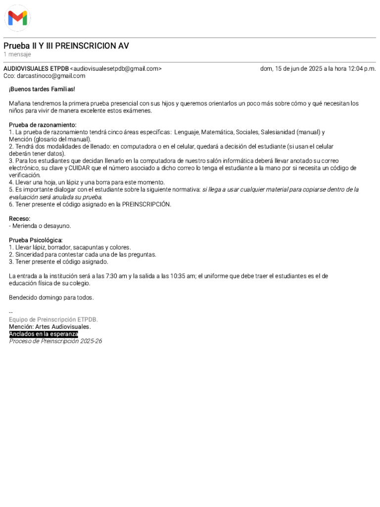 Gmail - Prueba II Y III PREINSCRICION AV | PDF