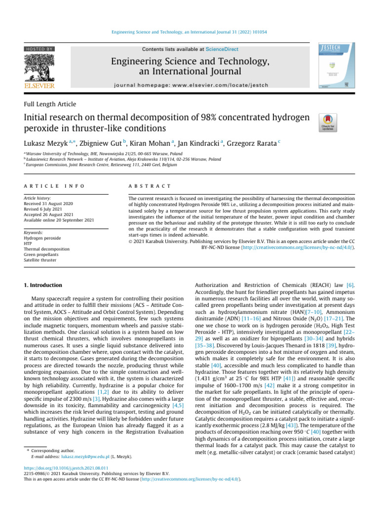Initial Research On Thermal Decomposition of 98% Concentrated Hydrogen ...