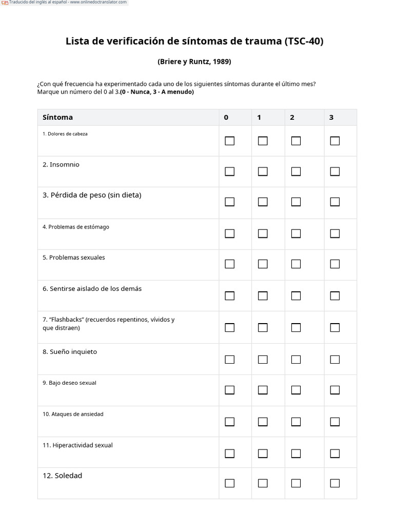 Test Trauma Symptom Checklist - En.es | PDF | Pesadilla | Trauma ...