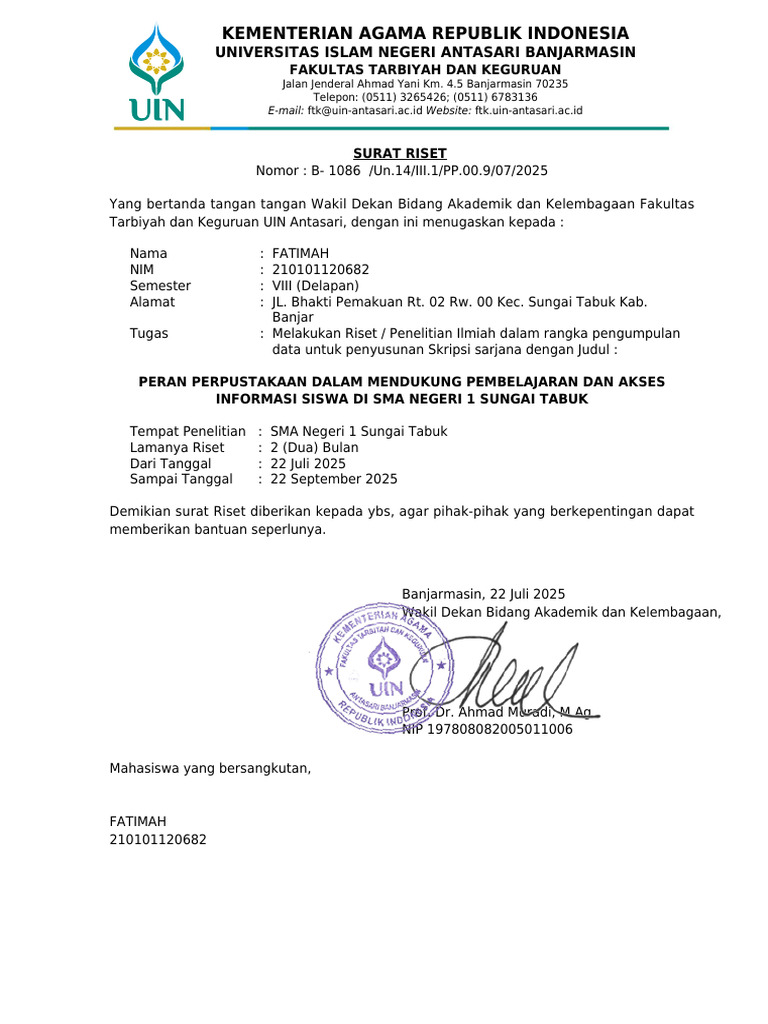 Surat Riset 2 (Mikwa FTK) - Fatimah - 992940 - 1753148747 | PDF