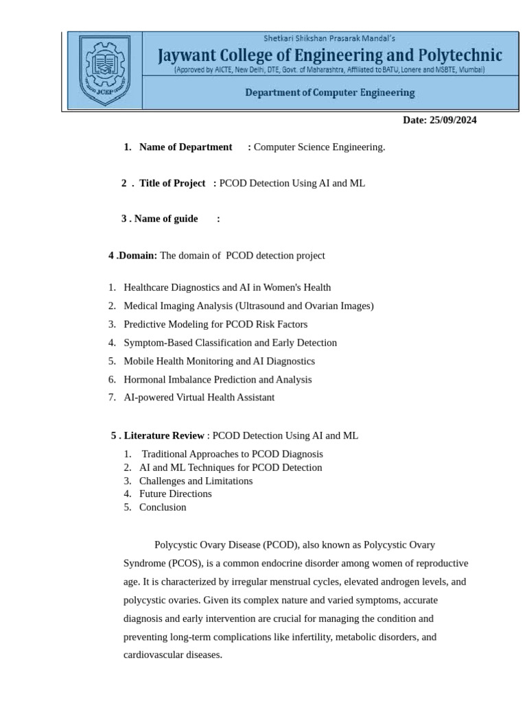 Btech Project 2024-25 Synopsis (1) Pcod Detection | PDF | Polycystic ...