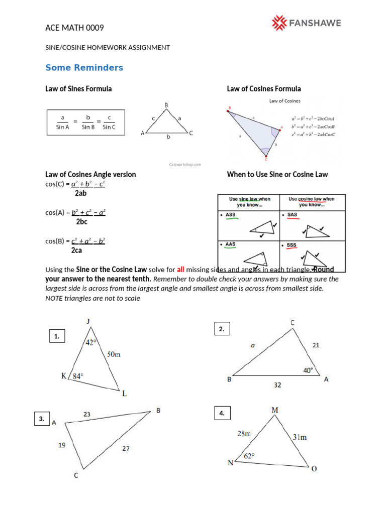 Sine/Cosine Homework Assignment Guide | PDF