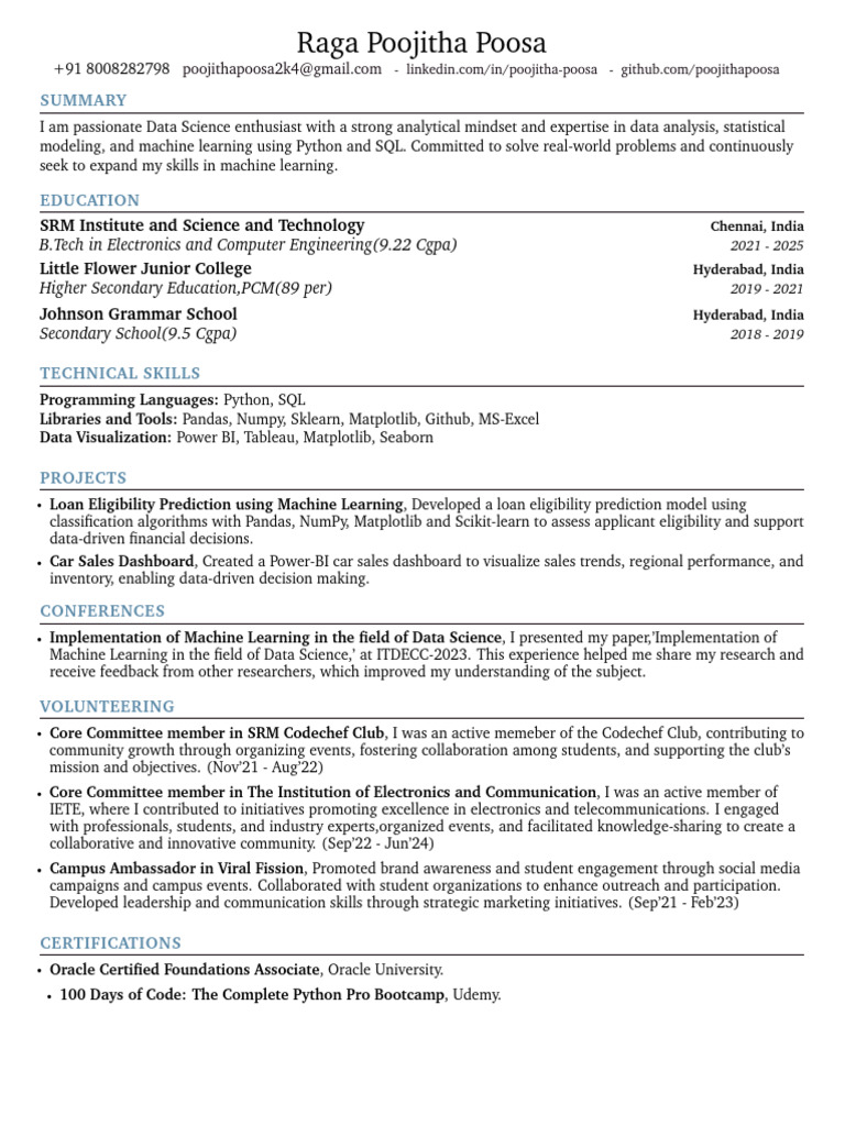 Poojitha Poosa Overleaf Resume | PDF | Machine Learning | Data Science