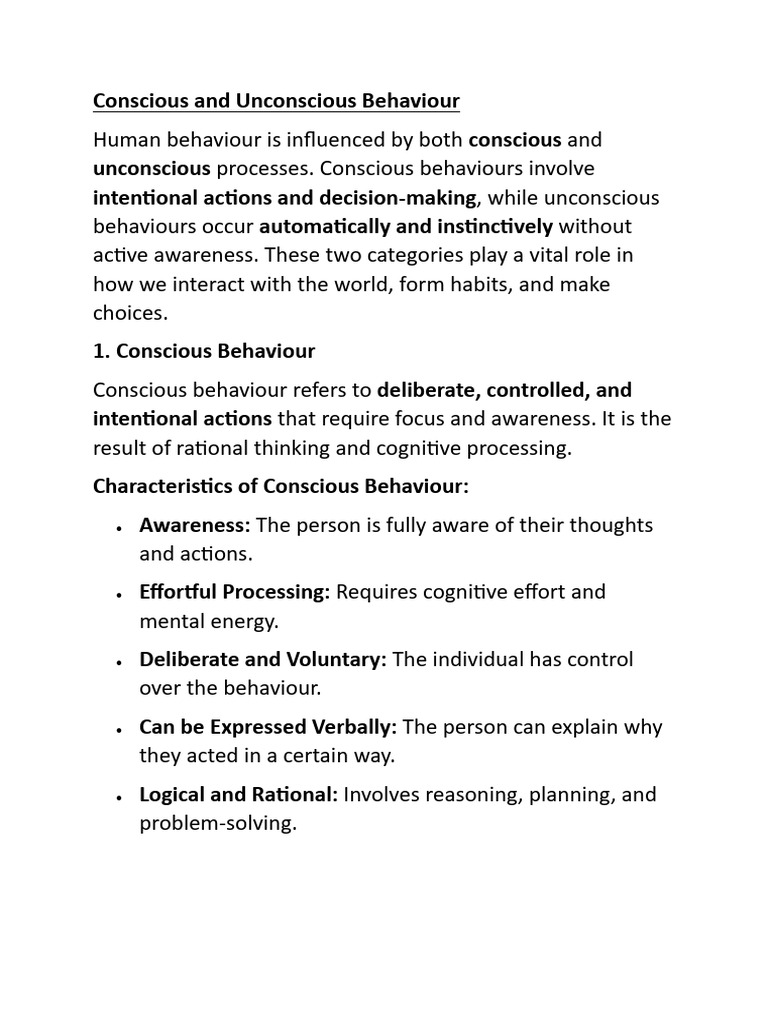 Conscious and Unconscious Behaviour | PDF | Unconscious Mind | Habits