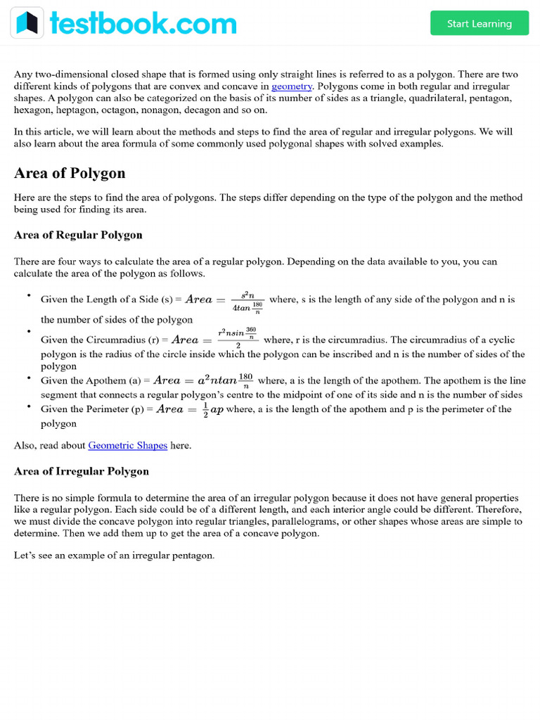 Area of Polygon - Steps To Calculate For Regular, Irregular Polygon | PDF