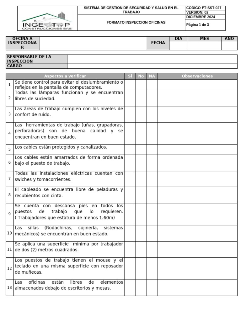FT-SST 027 Formato Inspeccion Oficinas | PDF | Escritorio | Equipo de oficina