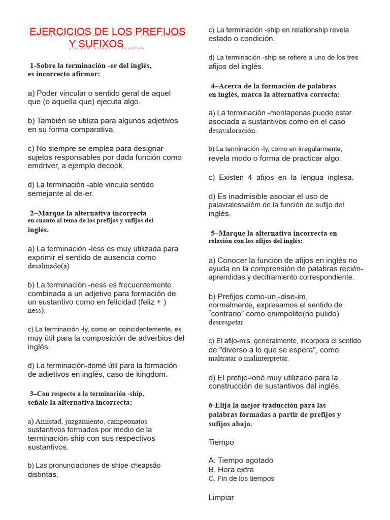 Ejercicios de prefijos y sufijos en inglés | PDF
