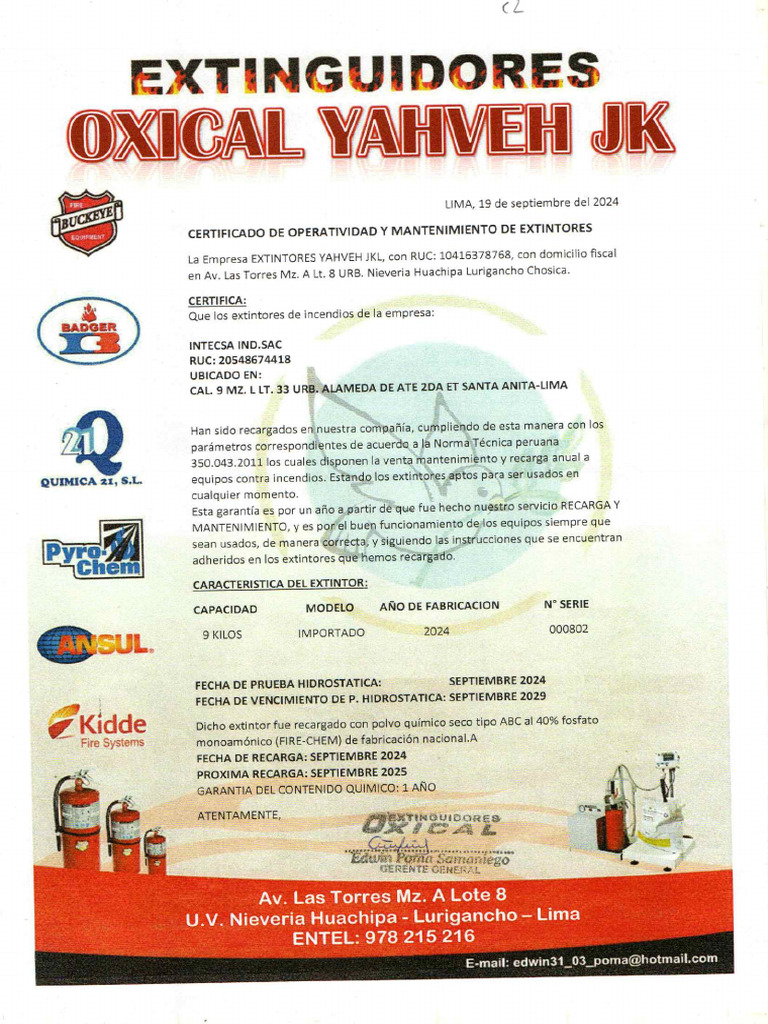 Certificados Extintores Cerro Lindo | PDF