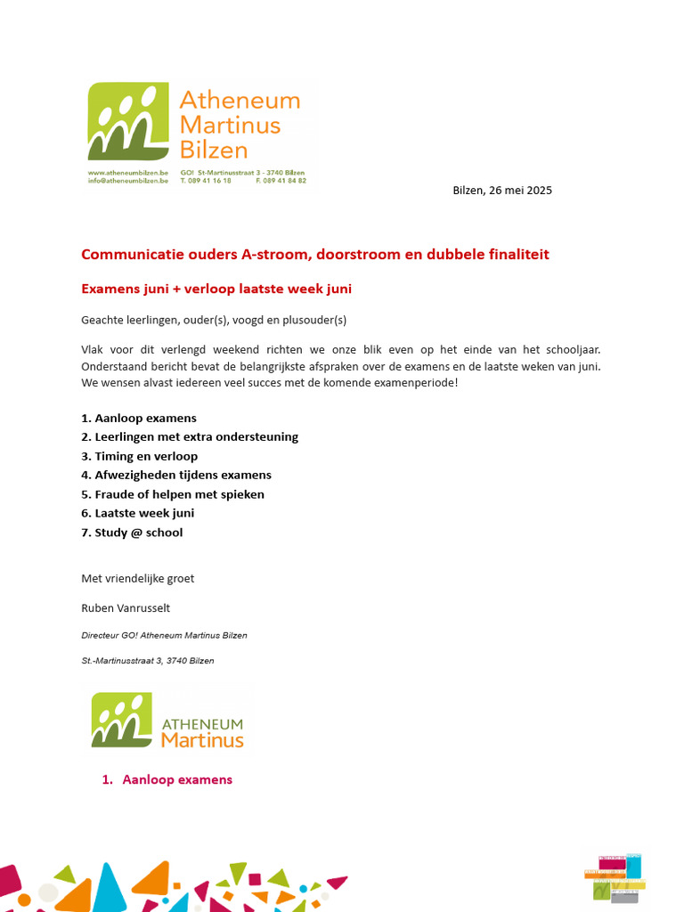 Communicatie Ouders Examens, Laatste Week Juni 2025 | PDF
