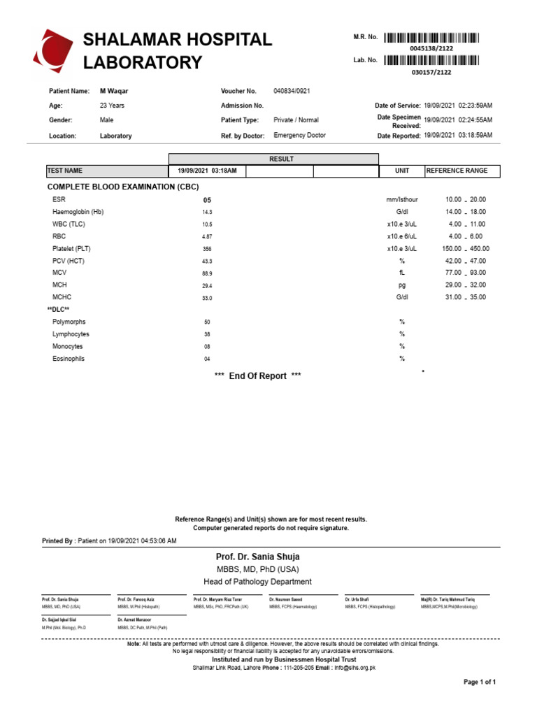 Shalamar Hospital Lab Report: CBC Results | PDF | Tissue (Biology ...