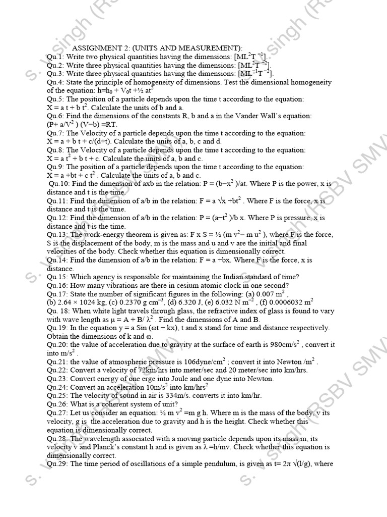 Assignment 2 (Units and Measurement) | PDF | Force | Acceleration