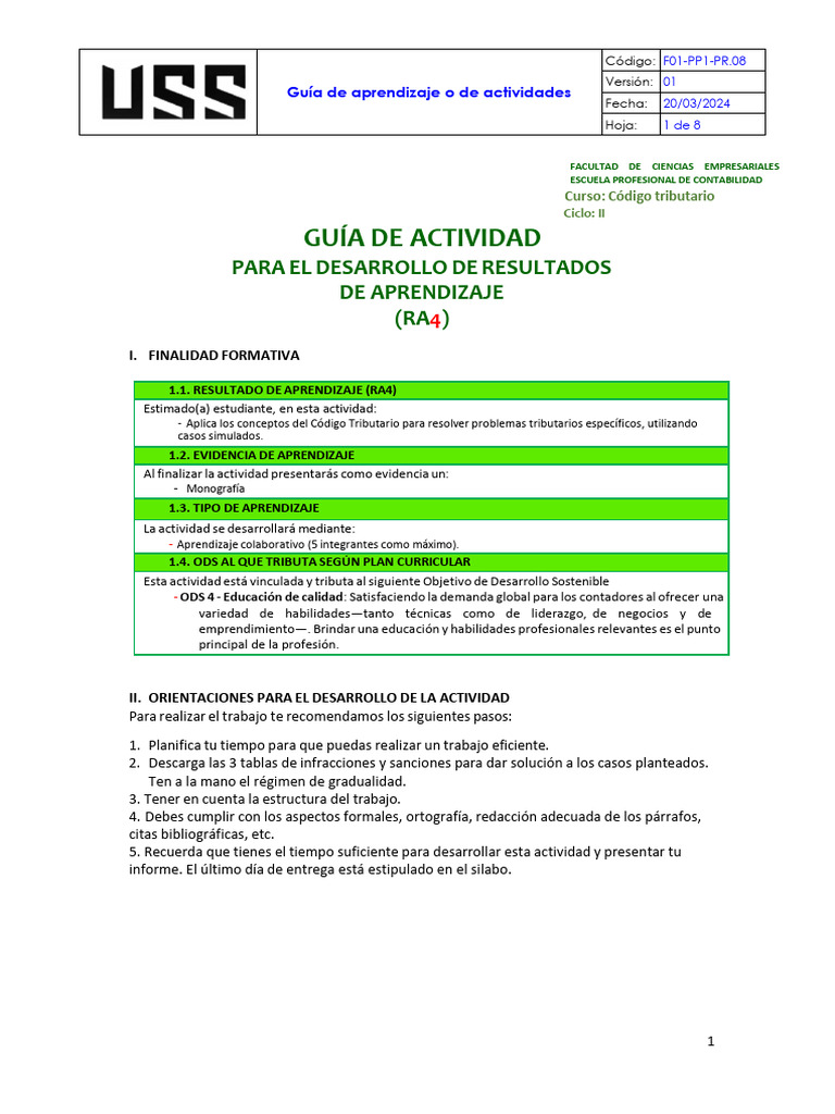 GUÍA RA4 Codigo Tributario 2025-I | PDF | Multa (pena) | Aprendizaje