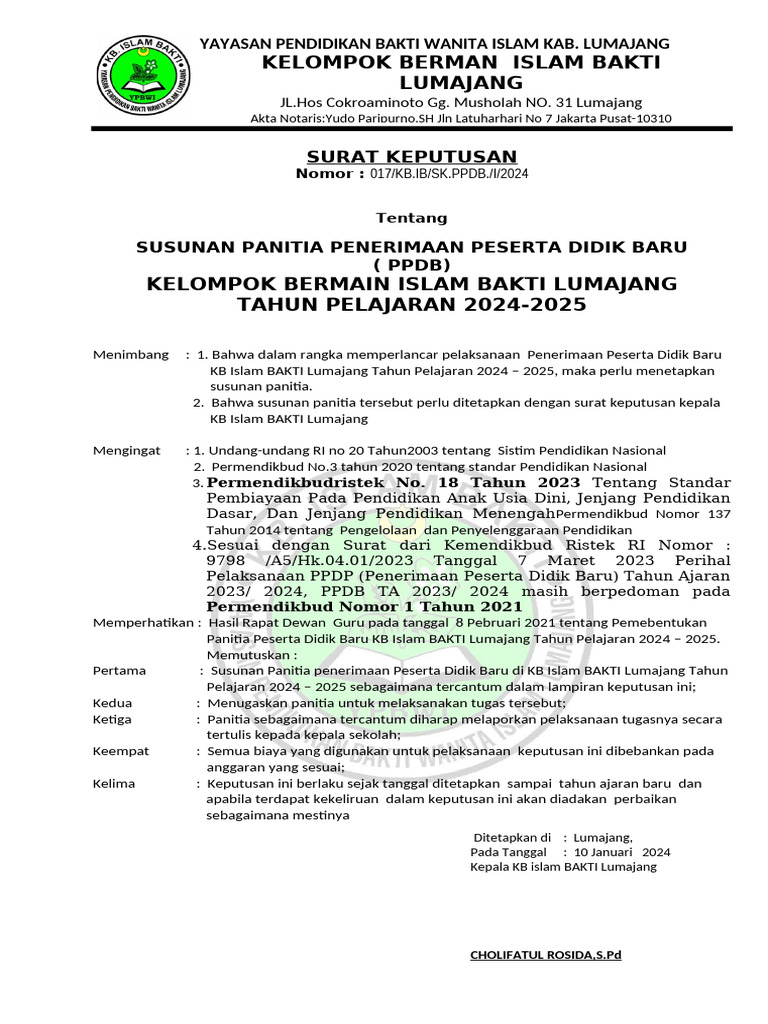 SK Panitia PPDB Kb. Isbak 2024 | PDF