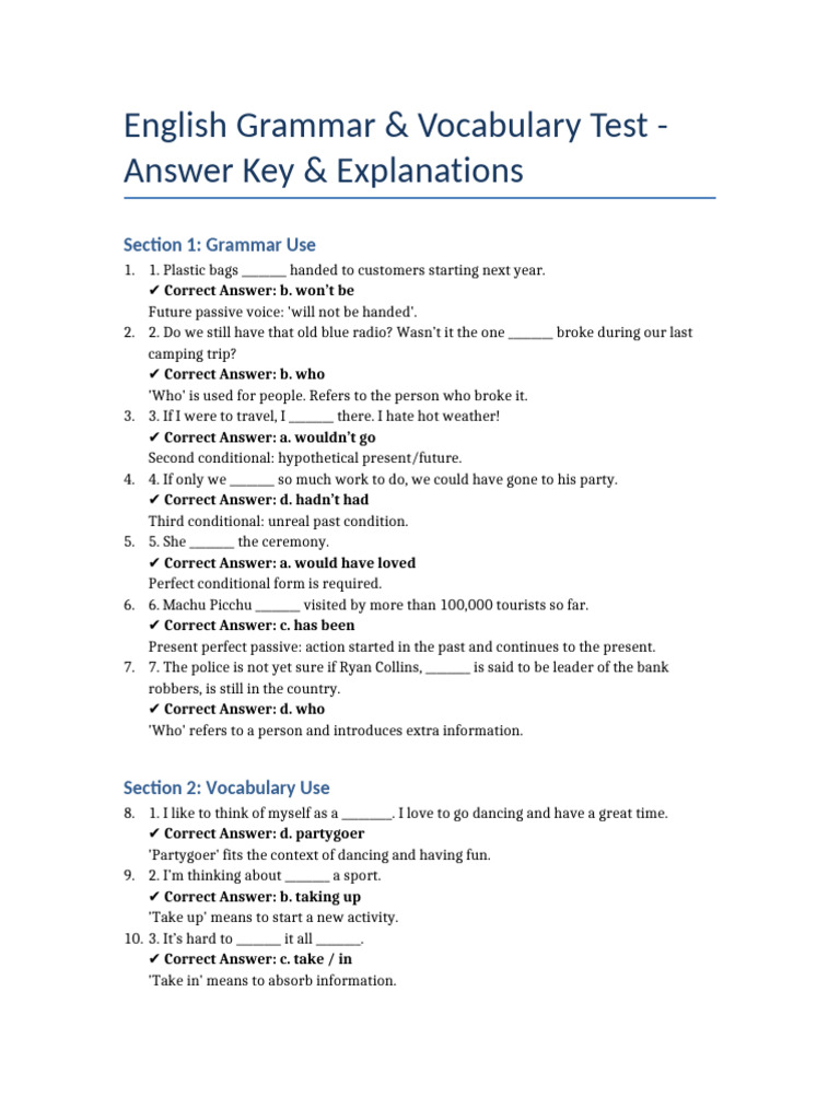 English Test Answers and Explanations | PDF