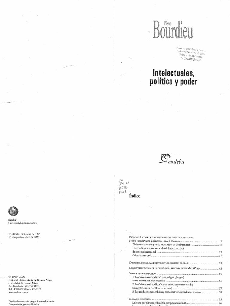 Pierre Bourdieu - Intelectuales, Polã - Tica y Poder | PDF