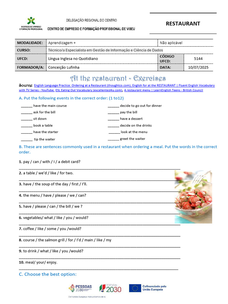 05 - at The Restaurant - Exercises | PDF | Waiting Staff | Restaurants
