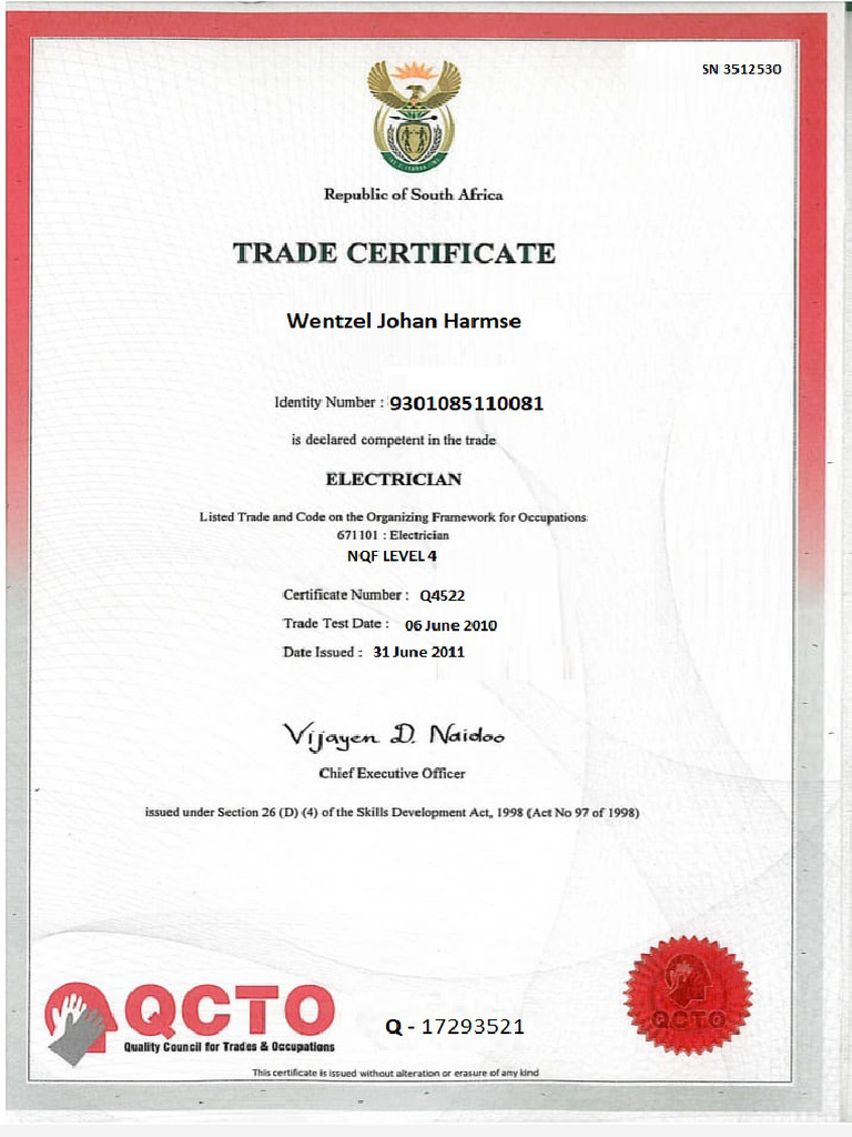 Wentzel Red Seal Certificate - Electrician | PDF
