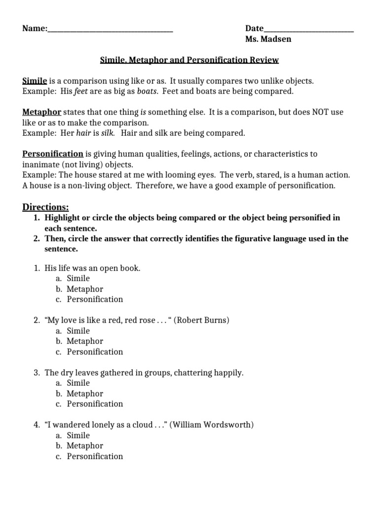 SimileMetaphorPersonification Review Worksheet | PDF | Metaphor | Chess ...