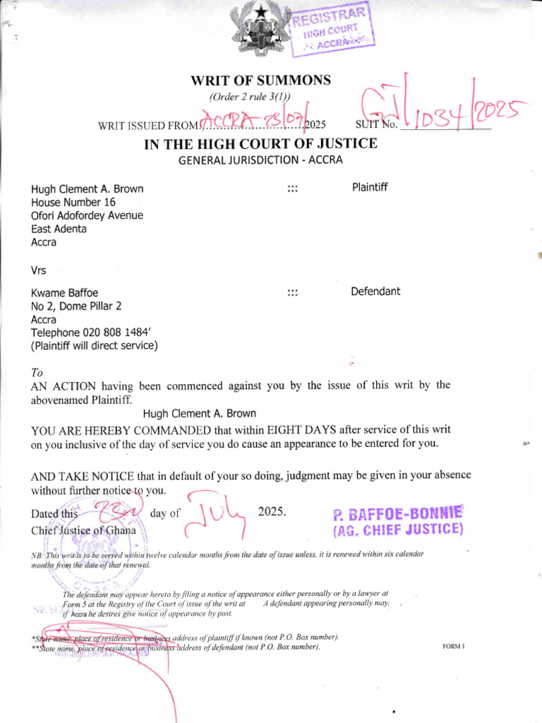 Writ & Statement of Claim - Hugh Clement A. Brown V Kwame Baffoe | PDF | Legal Communication ...