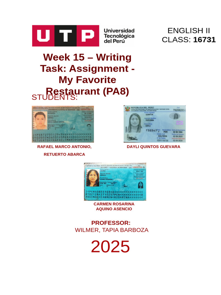 Writing Task - Assignment - My Favorite Restaurant (PA8) | PDF
