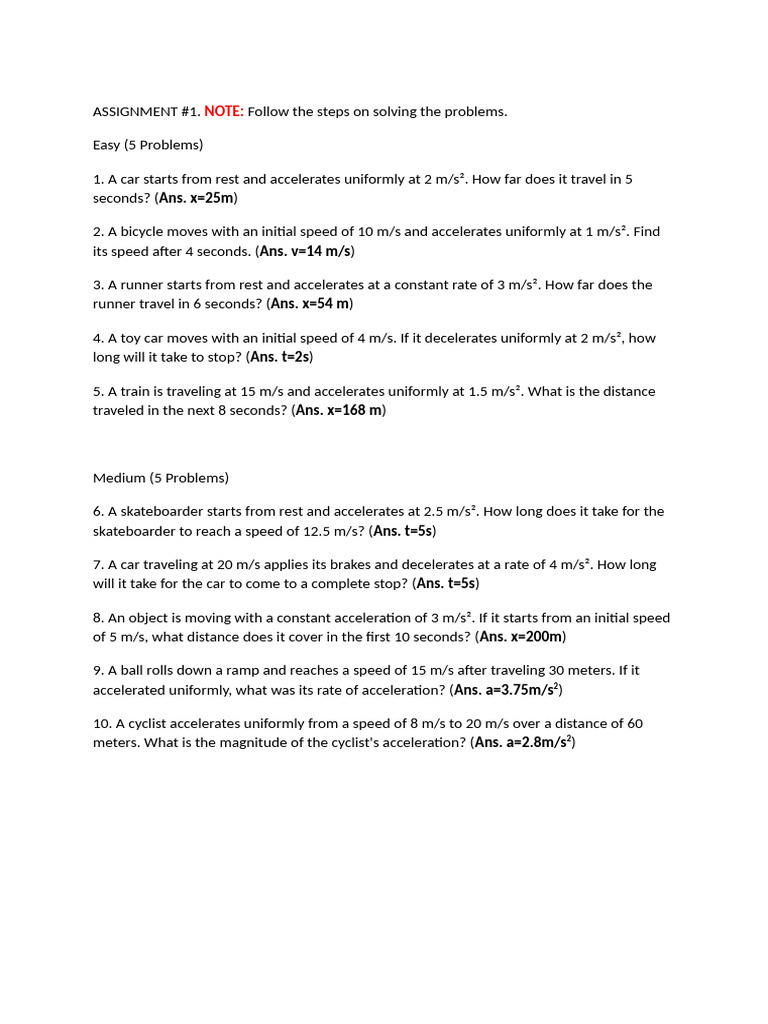 Assignment 1 Equation of Motion With Constant Acceleration | PDF | Acceleration | Speed