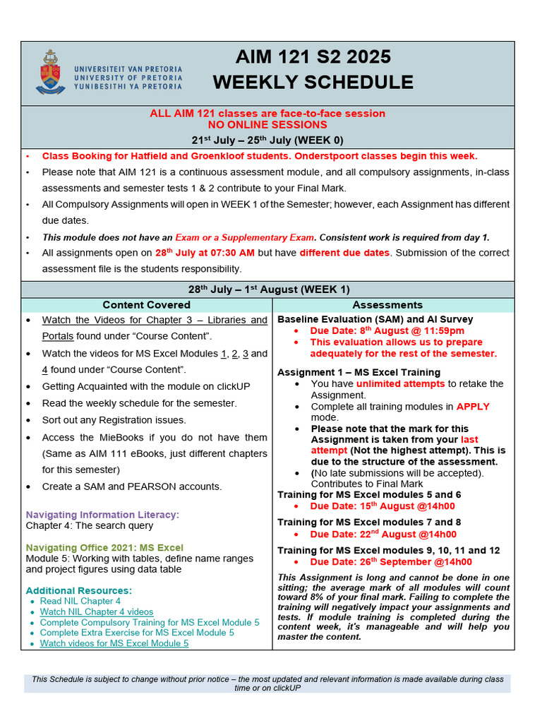 AIM 121 S2 2025 - Weekly Schedule | PDF | Microsoft Excel | Information ...