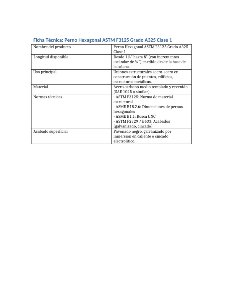 Ficha Tecnica Perno Hexagonal A325 | PDF