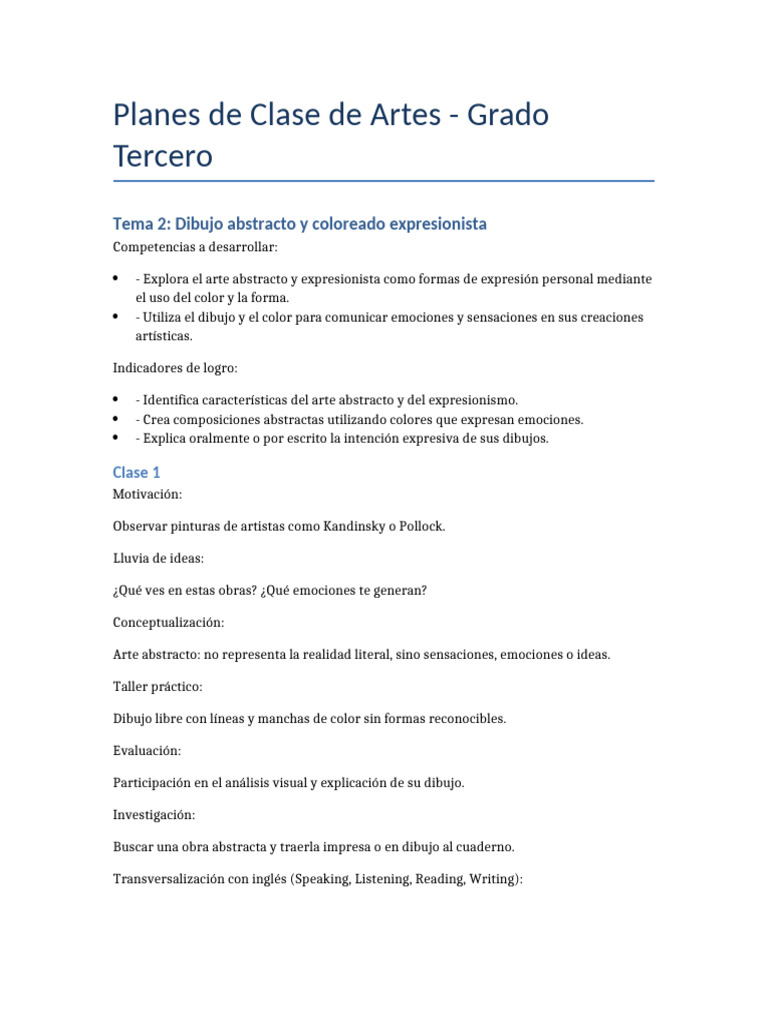 Planes Artes Grado Tercero Tema2 Corregido | PDF | Dibujo | Expresionismo