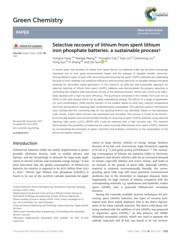 Green Chemistry: Selective Recovery of Lithium From Spent Lithium Iron ...