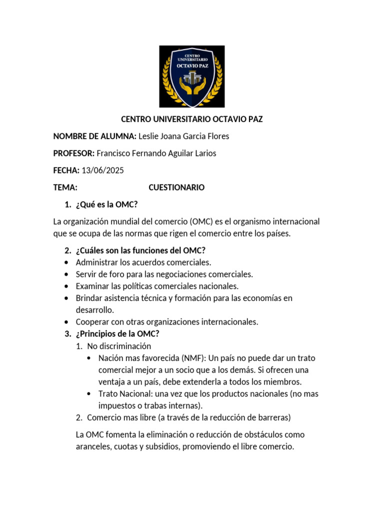 Funciones y Principios de la OMC | PDF | Organización de Comercio ...